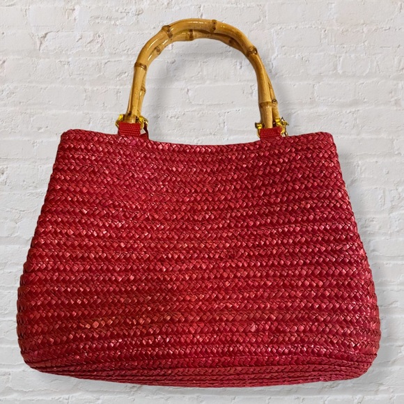 Vintage | Bags | Vintage 7s Red Straw Bamboo Handle Small Boxy ...